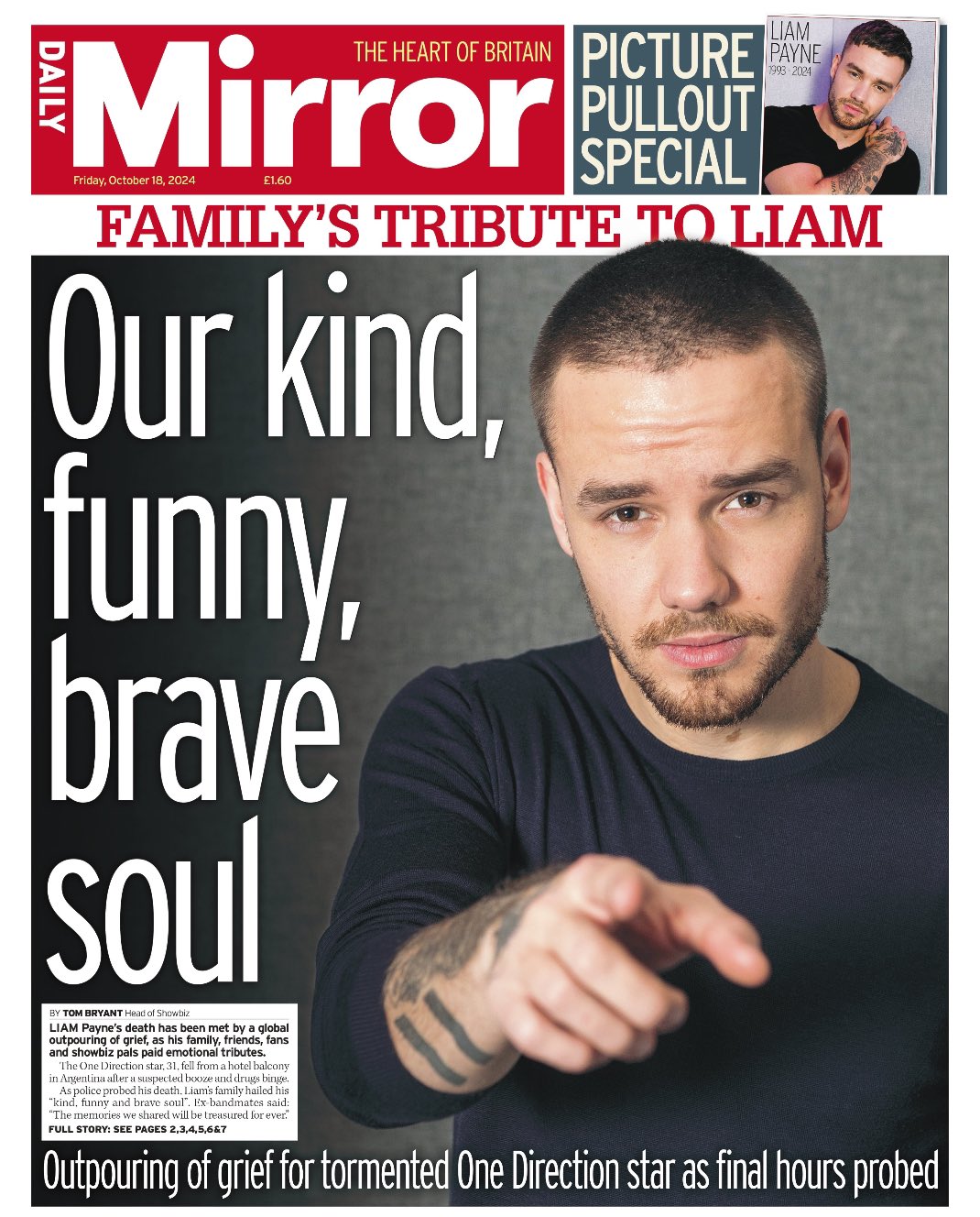 LIAM PAYNE One Direction Death - Daily Mirror UK NEWSPAPER (18 Oct 202 ...