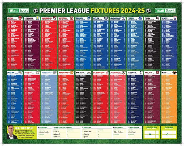 DAILY MAIL PREMIER LEAGUE 2024-25 SEASON DOUBLE SIDED FIXTURE WALLCHAR ...